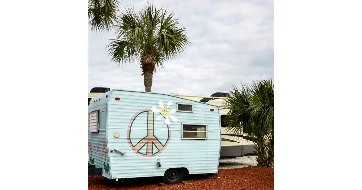 Hippie recreational vehicle at the entrance of the Gander RV Sales in ...