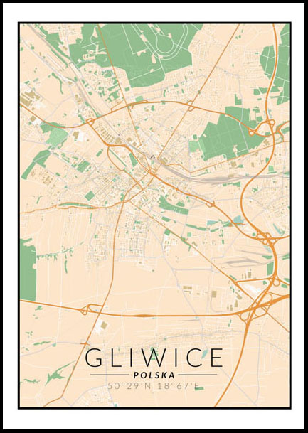 Gliwice, Polska mapa kolorowa - plakat - Galeria Plakatu